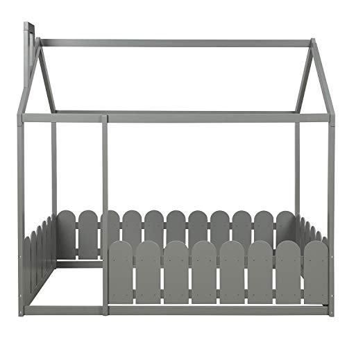 House Bed Frames with Pine Wood Roof and Fence for Kids, Teens, Boys or Girls, Box Spring Needed(Slats Kit Not Included) Platform, Twin, Gray