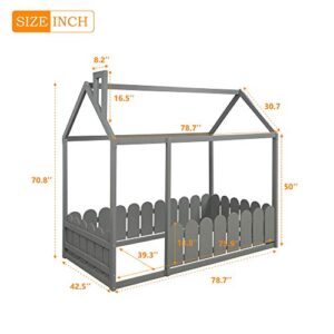 House Bed Frames with Pine Wood Roof and Fence for Kids, Teens, Boys or Girls, Box Spring Needed(Slats Kit Not Included) Platform, Twin, Gray