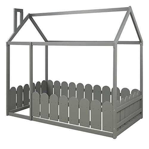 House Bed Frames with Pine Wood Roof and Fence for Kids, Teens, Boys or Girls, Box Spring Needed(Slats Kit Not Included) Platform, Twin, Gray