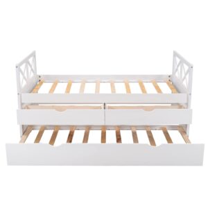 Twin Captain’s Bed, Wood Storage Daybed with Trundle and Drawers, Wooden Platform Bed with Storage for Kids Teens and Adults, White