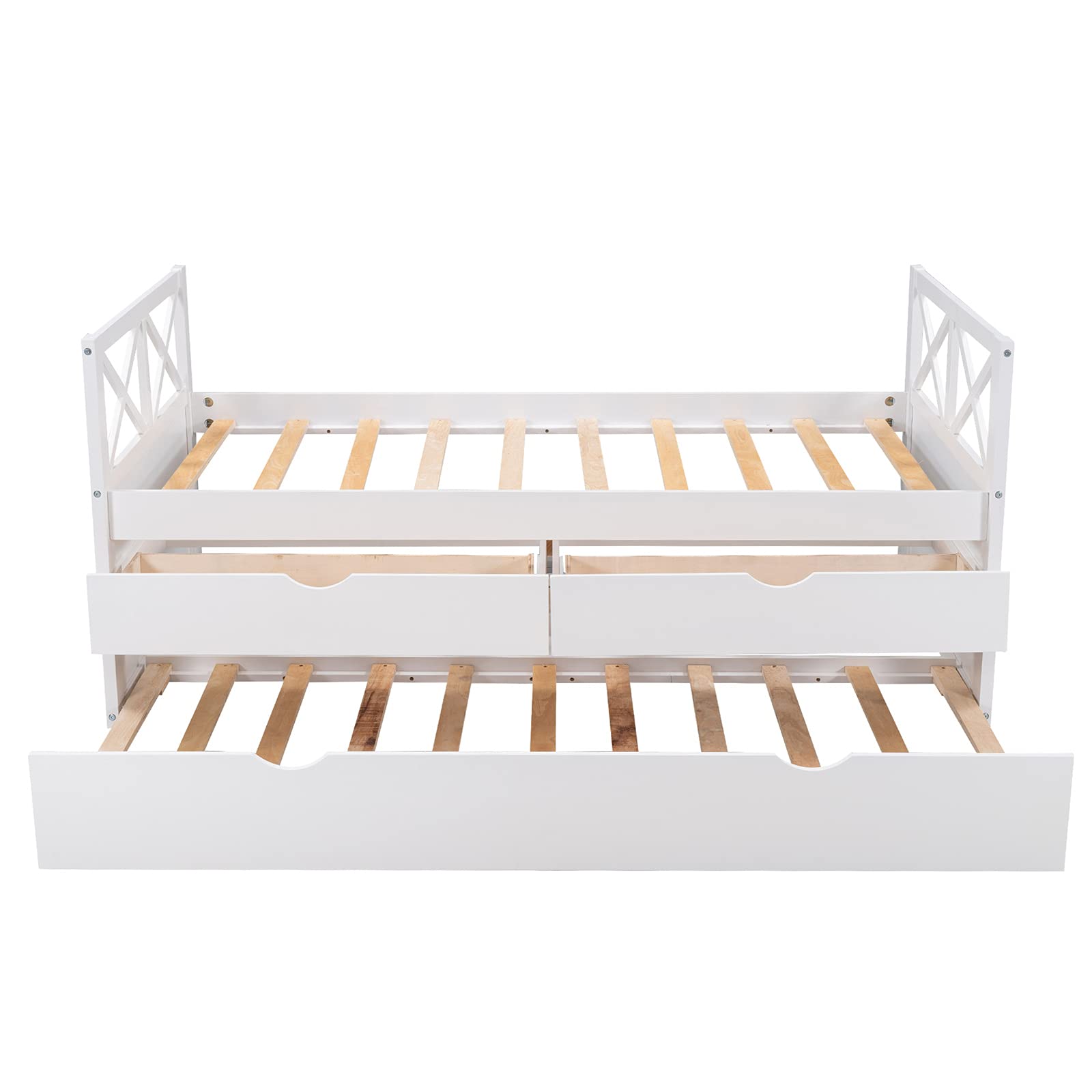 Twin Captain’s Bed, Wood Storage Daybed with Trundle and Drawers, Wooden Platform Bed with Storage for Kids Teens and Adults, White