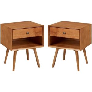 walker edison ella mid-century modern 2-piece 1-drawer solid wood nightstand set, 2 pack, caramel