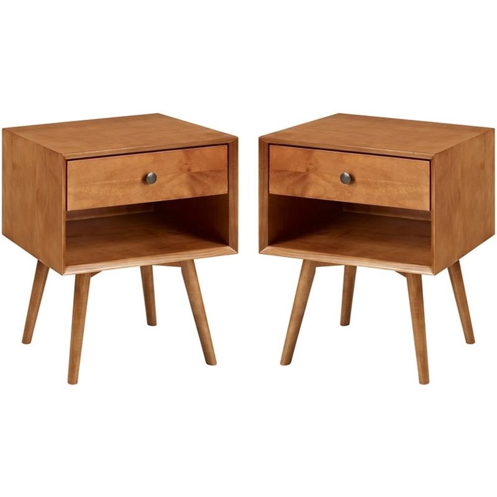 Walker Edison Ella Mid-Century Modern 2-Piece 1-Drawer Solid Wood Nightstand Set, 2 Pack, Caramel