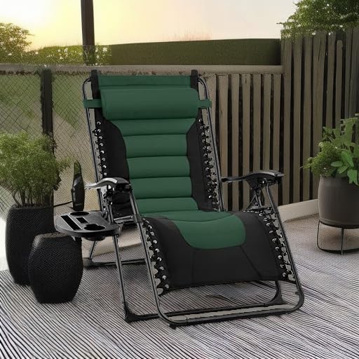 Best Choice Products Oversized Padded Zero Gravity Chair, Folding Outdoor Patio Recliner, XL Anti Gravity Lounger for Backyard w/Headrest, Cup Holder, Side Tray, Polyester Mesh - Black/Forest Green