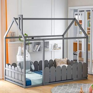 house bed frames with pine wood roof and fence for kids, teens, boys or girls, box spring needed(slats kit not included) platform, twin, gray