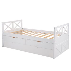 Twin Captain’s Bed, Wood Storage Daybed with Trundle and Drawers, Wooden Platform Bed with Storage for Kids Teens and Adults, White