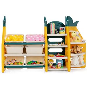 costzon kids toy organizers and storage with bookshelf, large multi-purpose 3-tier toy shelf, 6 bins removable plastic bins to organize books toys, toddler corner rack for playroom bedroom, nursery