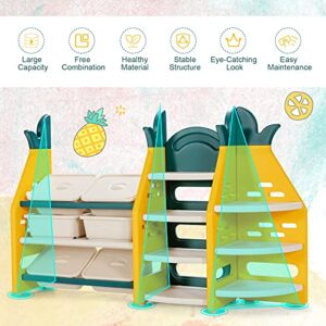 Costzon Kids Toy Organizers and Storage with Bookshelf, Large Multi-Purpose 3-Tier Toy Shelf, 6 Bins Removable Plastic Bins to Organize Books Toys, Toddler Corner Rack for Playroom Bedroom, Nursery