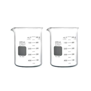 pyrex griffin borosilicate glass beaker- low form graduated measuring beaker with spout– premium scientific glassware for laboratories, classrooms or home use - pyrex chemistry glassware, 600ml, 2/pk