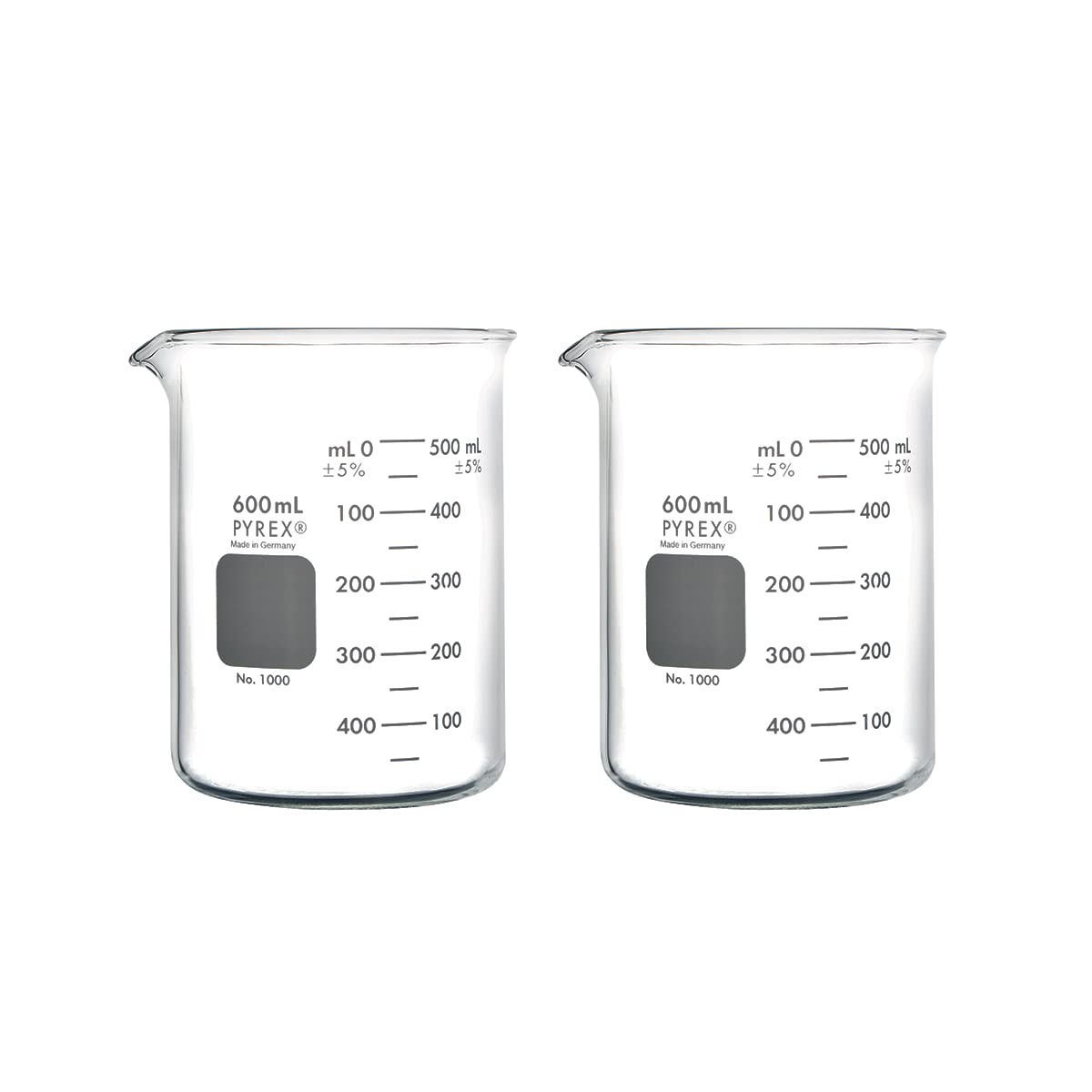 PYREX Griffin Borosilicate Glass Beaker- Low Form Graduated Measuring Beaker with Spout– Premium Scientific Glassware for Laboratories, Classrooms or Home Use - PYREX Chemistry Glassware, 600mL, 2/Pk