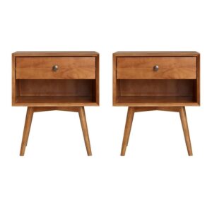 Walker Edison Ella Mid-Century Modern 2-Piece 1-Drawer Solid Wood Nightstand Set, 2 Pack, Caramel