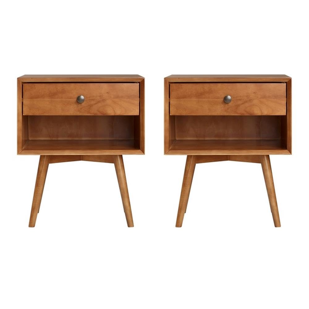 Walker Edison Ella Mid-Century Modern 2-Piece 1-Drawer Solid Wood Nightstand Set, 2 Pack, Caramel