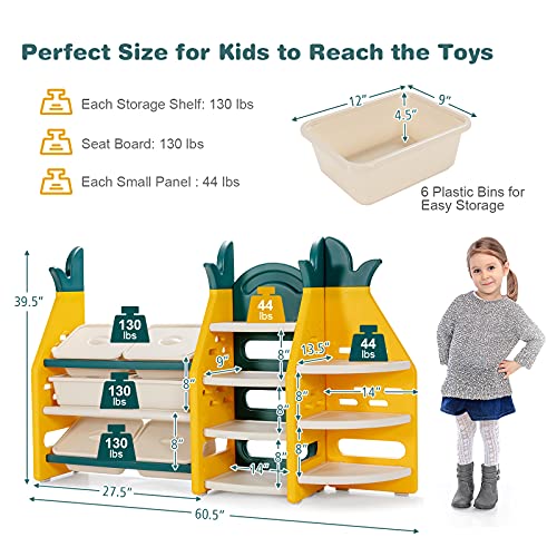 Costzon Kids Toy Organizers and Storage with Bookshelf, Large Multi-Purpose 3-Tier Toy Shelf, 6 Bins Removable Plastic Bins to Organize Books Toys, Toddler Corner Rack for Playroom Bedroom, Nursery