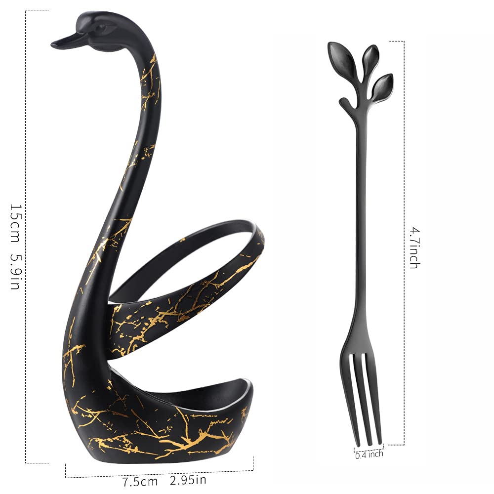 AnSaw Elegant Swan Base Holder Set with 10 pcs Black Leaf 4.7" Stainless Steel Mini Forks for Appetizer, Fruit, Dessert, Cake & Salad