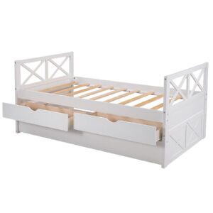 Twin Captain’s Bed, Wood Storage Daybed with Trundle and Drawers, Wooden Platform Bed with Storage for Kids Teens and Adults, White