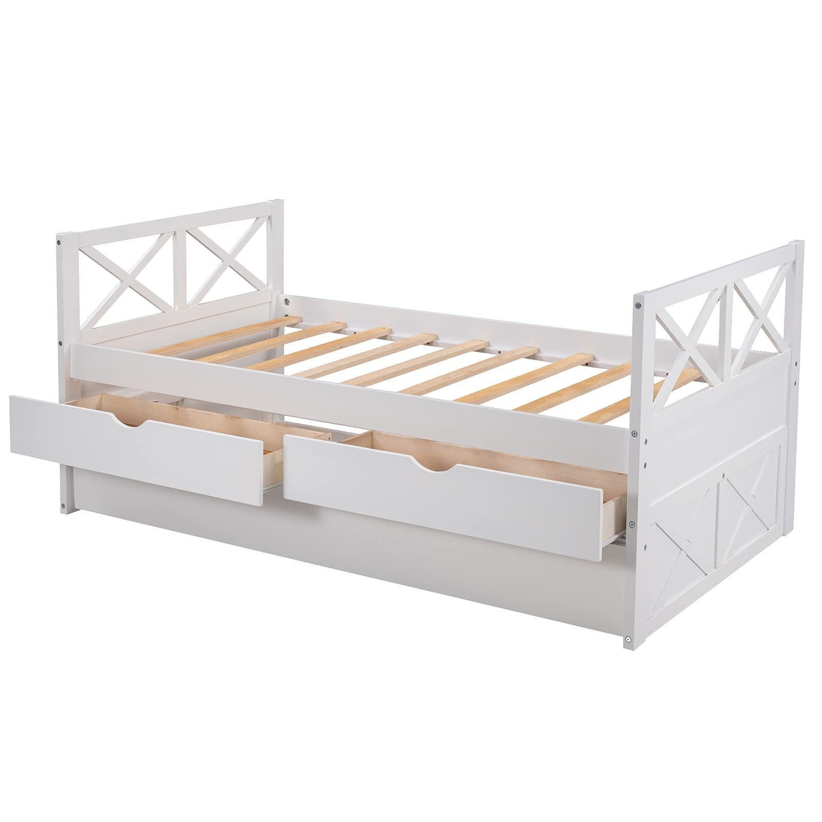 Twin Captain’s Bed, Wood Storage Daybed with Trundle and Drawers, Wooden Platform Bed with Storage for Kids Teens and Adults, White