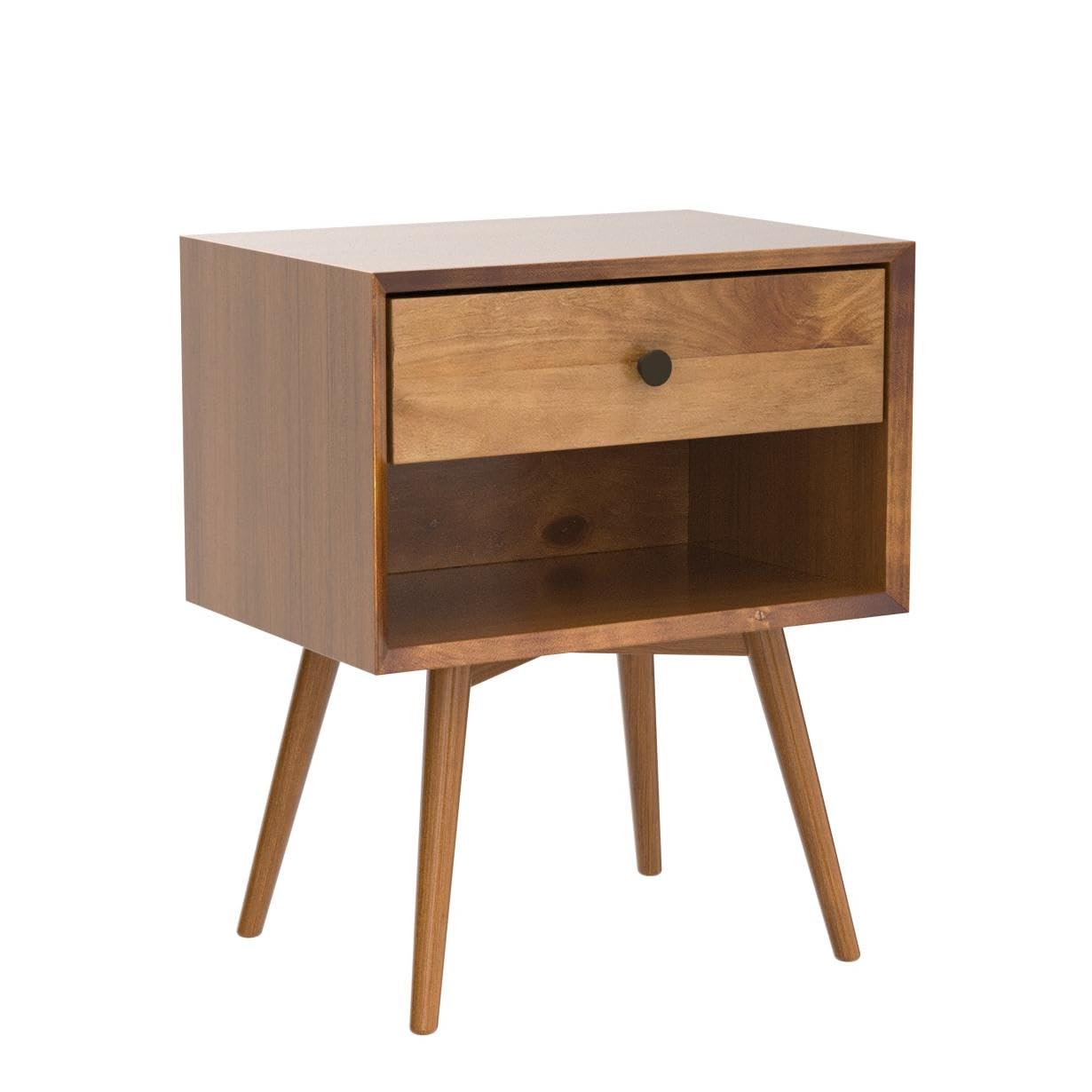 Walker Edison Ella Mid-Century Modern 2-Piece 1-Drawer Solid Wood Nightstand Set, 2 Pack, Caramel