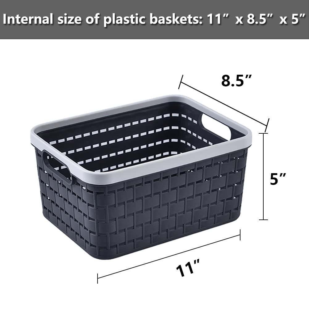 3 Pack Plastic Storage Basket 11 x 8.5 x 5 Inch, AYSUM Medium Plastic Baskets Stackable Plastic Woven Organizer with Handle for Toys, Pantry, Kitchen, Bedroom, Bathroom - Grey