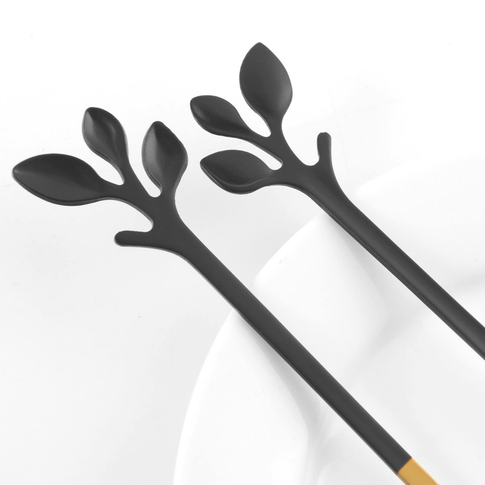 AnSaw 16-Pc Black Mini Leaf Coffee Spoons & Dessert Forks - 4.7" Stainless Steel Cutlery for Tea, Appetizers, Tasting - Party, Charcuterie, Cocktails