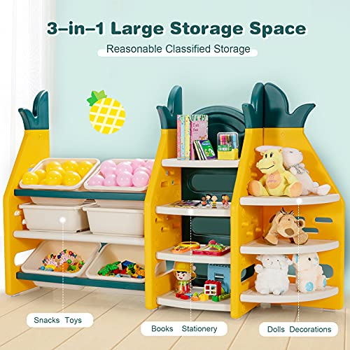 Costzon Kids Toy Organizers and Storage with Bookshelf, Large Multi-Purpose 3-Tier Toy Shelf, 6 Bins Removable Plastic Bins to Organize Books Toys, Toddler Corner Rack for Playroom Bedroom, Nursery