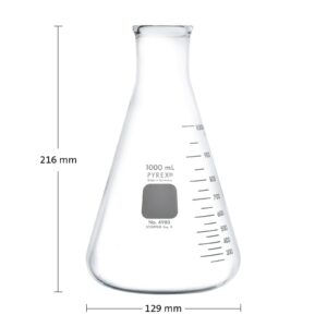 PYREX Narrow Mouth Erlenmeyer Flask with Heavy Duty Rim - Borosilicate Glass Flask – Premium Glass Chemistry Flask for Laboratory, Classroom or Home Use - PYREX Chemistry Glassware, 1L, 1/Pk