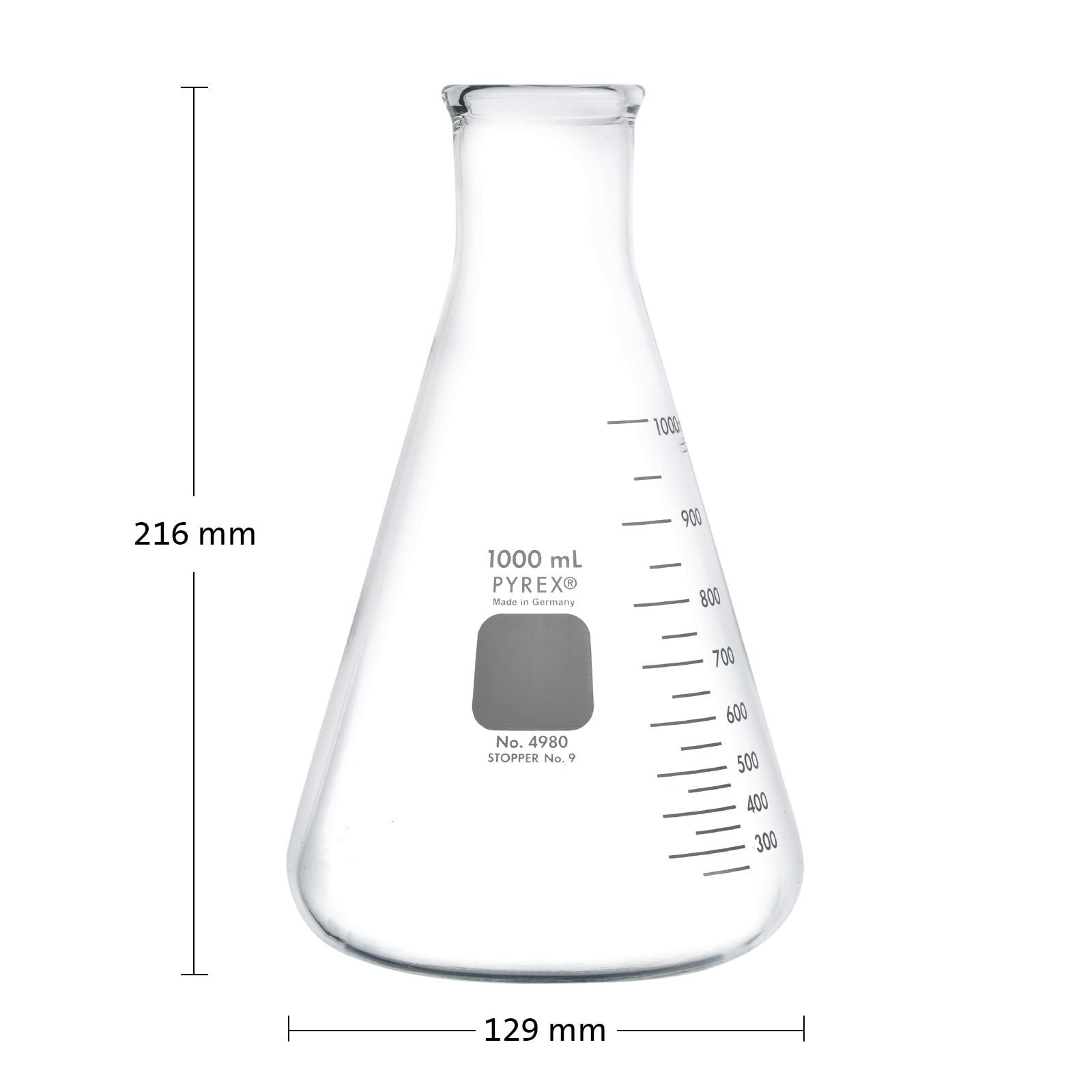 PYREX Narrow Mouth Erlenmeyer Flask with Heavy Duty Rim - Borosilicate Glass Flask – Premium Glass Chemistry Flask for Laboratory, Classroom or Home Use - PYREX Chemistry Glassware, 1L, 1/Pk