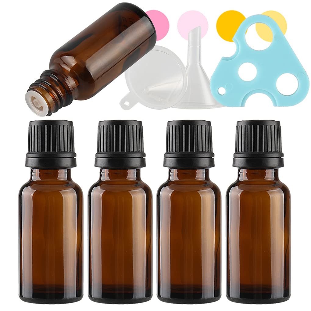 DLIBUY 4 Pcs Empty 20ml Brown Essential Oil Bottles with Dropper Black Tamper Evident Screw Cap Amber Glass Vials for Cosmetic Essential Oils Colognes Perfume Aromatherapy