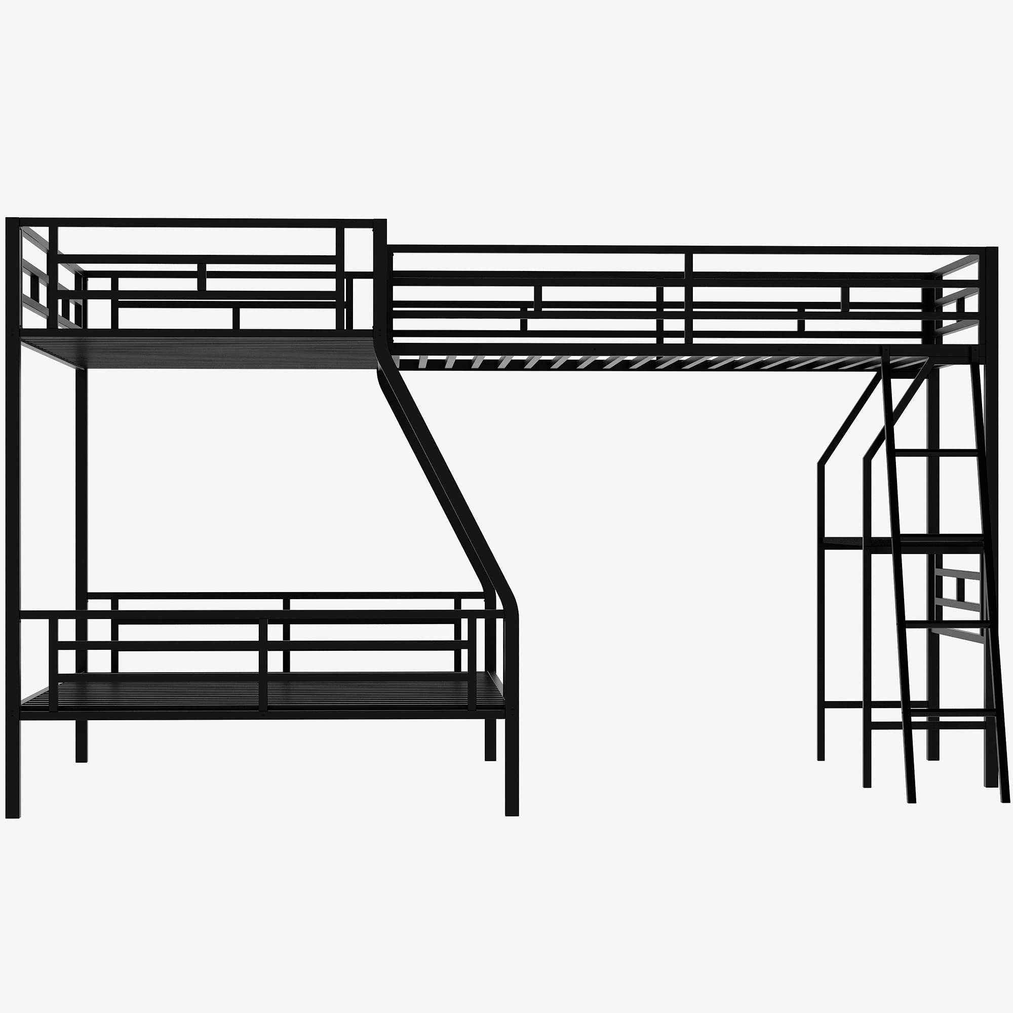 Triple Bunk Beds Twin Over Full Bunk Bed Attached a Loft Bed with Desk L-Shape Triple Loft Bed Metal Frame for Dorm, Boys & Girls Teens Kids Adults, Black