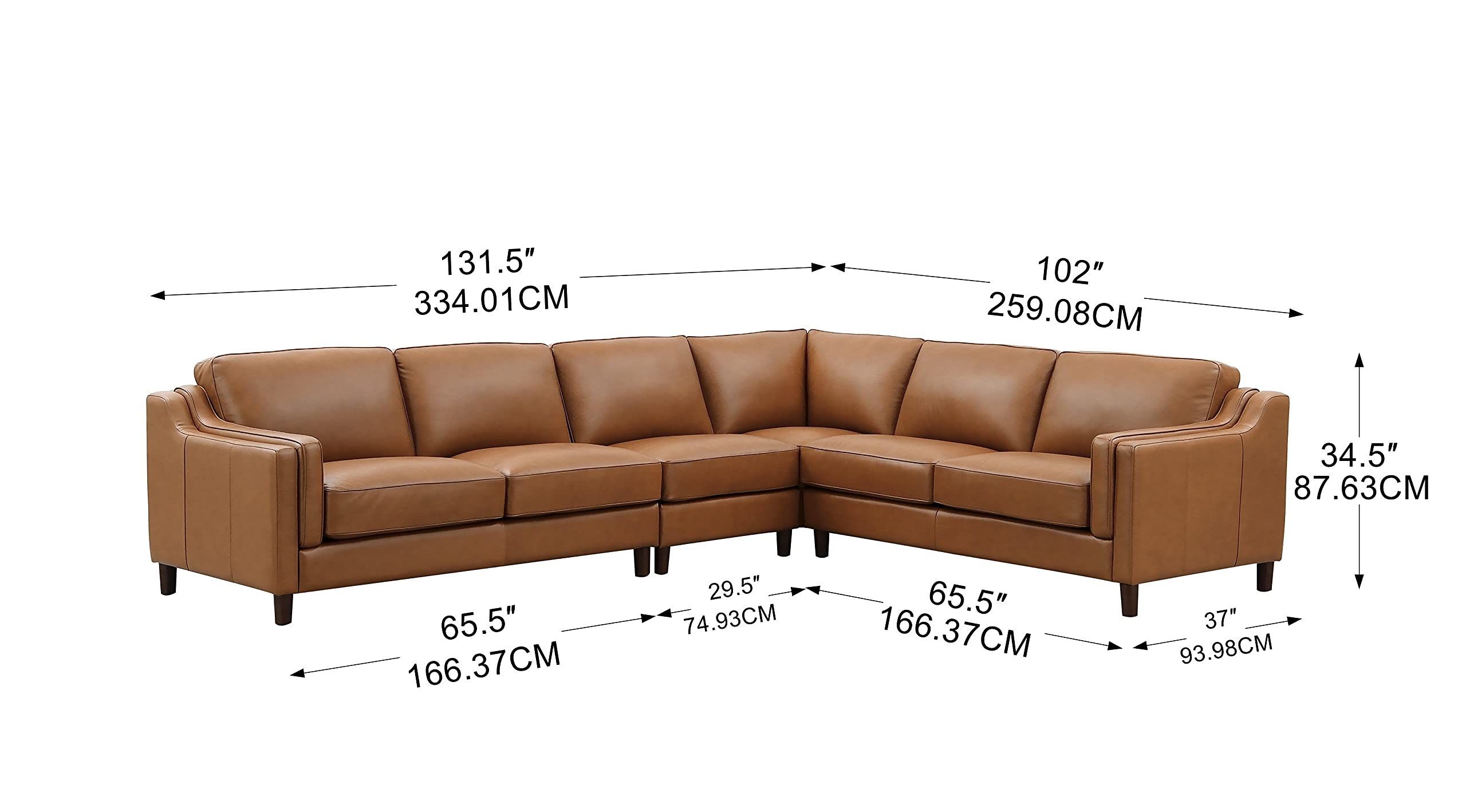 Hydeline Bella Top Grain Leather Sectional (L-Shape, Cognac), Feather Down, Memory Foam and Springs Seating