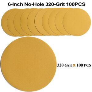 Aiyard 6-Inch No-Hole Hook and Loop Sanding Discs 320-Grit, Random Orbital Sandpaper for Automotive and Woodworking, 100-Pack