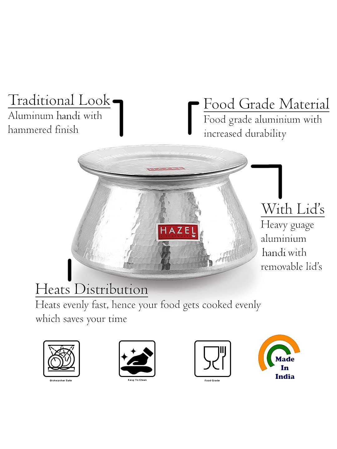 HAZEL Aluminium Hammered Finish Handi with Lid Biryani Rice Cooking Pot Degri Tope Patila, 23 cm, 5 Litre (7200 ML)