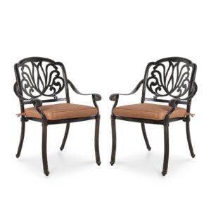 meetwarm 2 piece patio dining chairs with cushions, outdoor all-weather cast aluminum chairs, patio bistro dining chair set of 2 for garden deck backyard, dark bronze