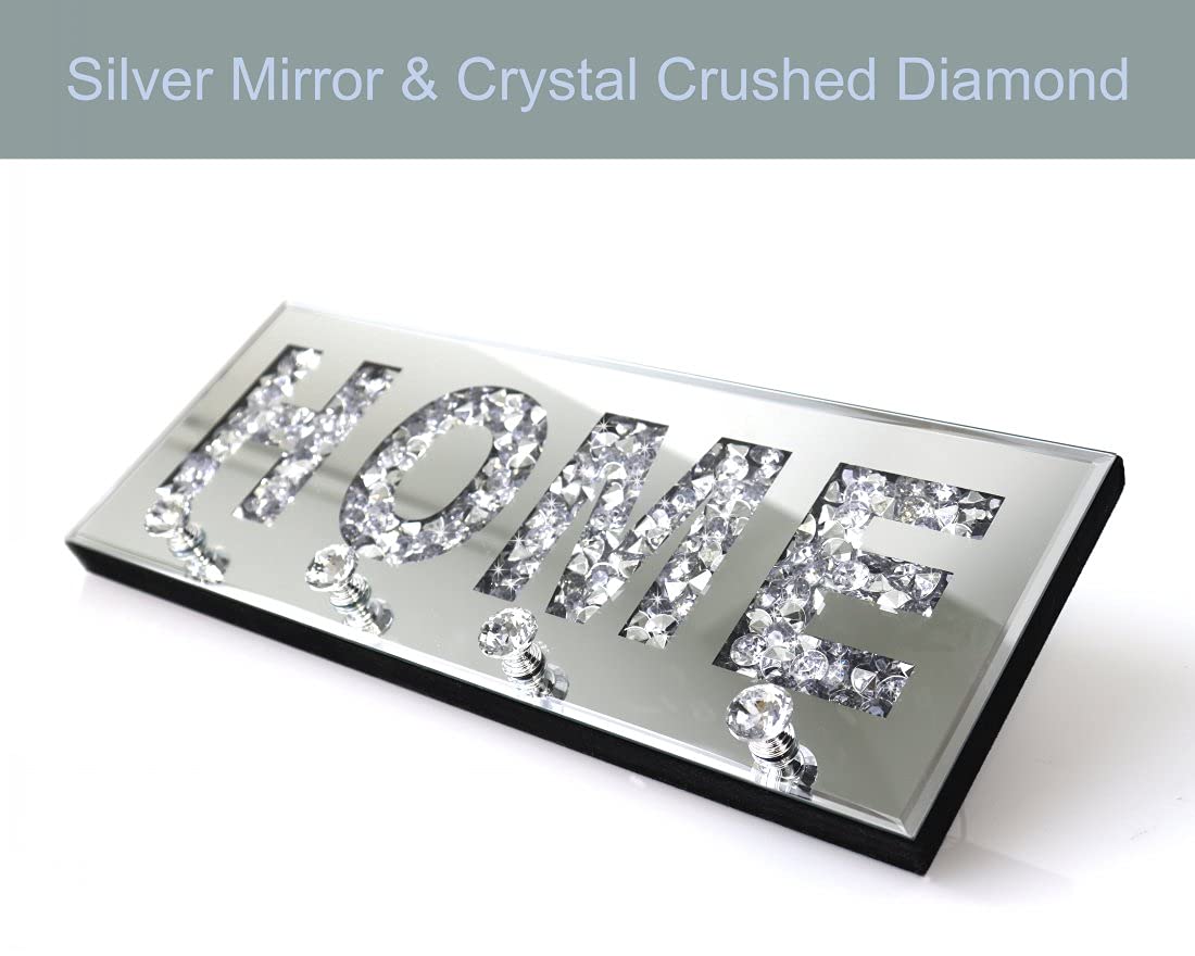 Crush Diamond Mirrored Home Letter Plaque Sign for Wall Decor, Crystal Clear Hooks Key Holder Key Hanger, Silver Mirror Decoration Wall Art, Wall Mounted Home Decor 15"×5.9"×1.6"