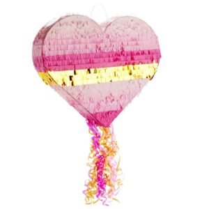 Sparkle and Bash Pink Pull String Heart Pinata for Girls Birthday Party Decorations, Pink and Gold Ombre Design, Small, 16 x 13 x 3 In