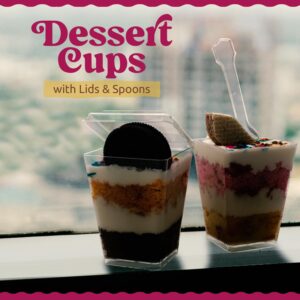 Sammray 5 oz Dessert Cups with Lids and Spoons (100 Pack) – Plastic Parfait Cups for Appetizer and Desserts be it, Mousse, Tiramisu, Pudding, or salads - Perfect for Parties