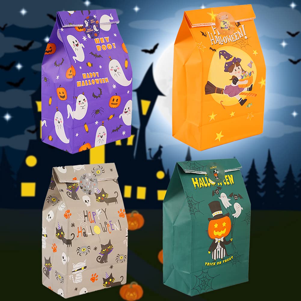 STARRKY Halloween Paper Candy Bags, 24PCS Halloween Goodie Bags Bulk Paper Gift Bags Halloween Treat Bags with Stickers for Kids Party Favor