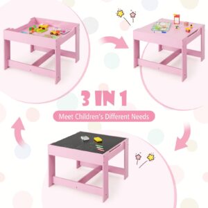 KOTEK Kids Wood Table and 2 Chairs Set with Blackboard & Storage Drawers, Children Multi Activity Table for Learning, Playing, Drawing, 3-in-1 Toddler Art Crafts Desk and Chairs Set (Pink)