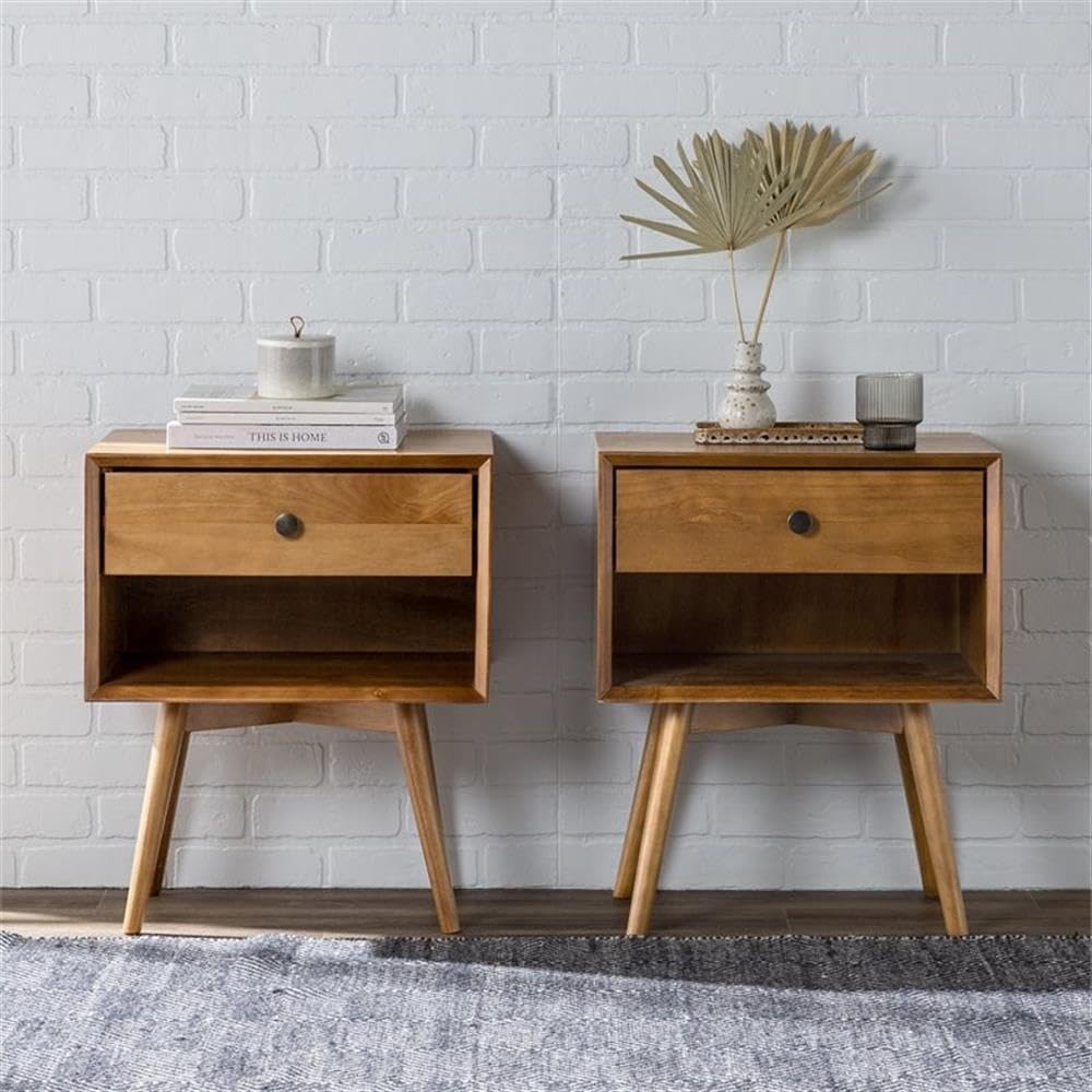 Walker Edison Ella Mid-Century Modern 2-Piece 1-Drawer Solid Wood Nightstand Set, 2 Pack, Caramel