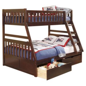 pemberly row wood twin over full bunk bed with storage boxes in dark cherry