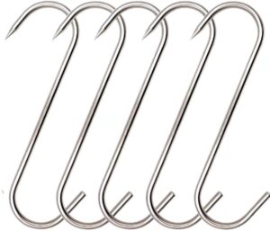 smoker meat hooks 8'', heavy duty hook, stainless steel butcher s-hooks meat hooks for smoker, meat hooks butchering, chicken hunting ribs fish beef poultry hanging grill hook , bbq(8 inch 5pack)