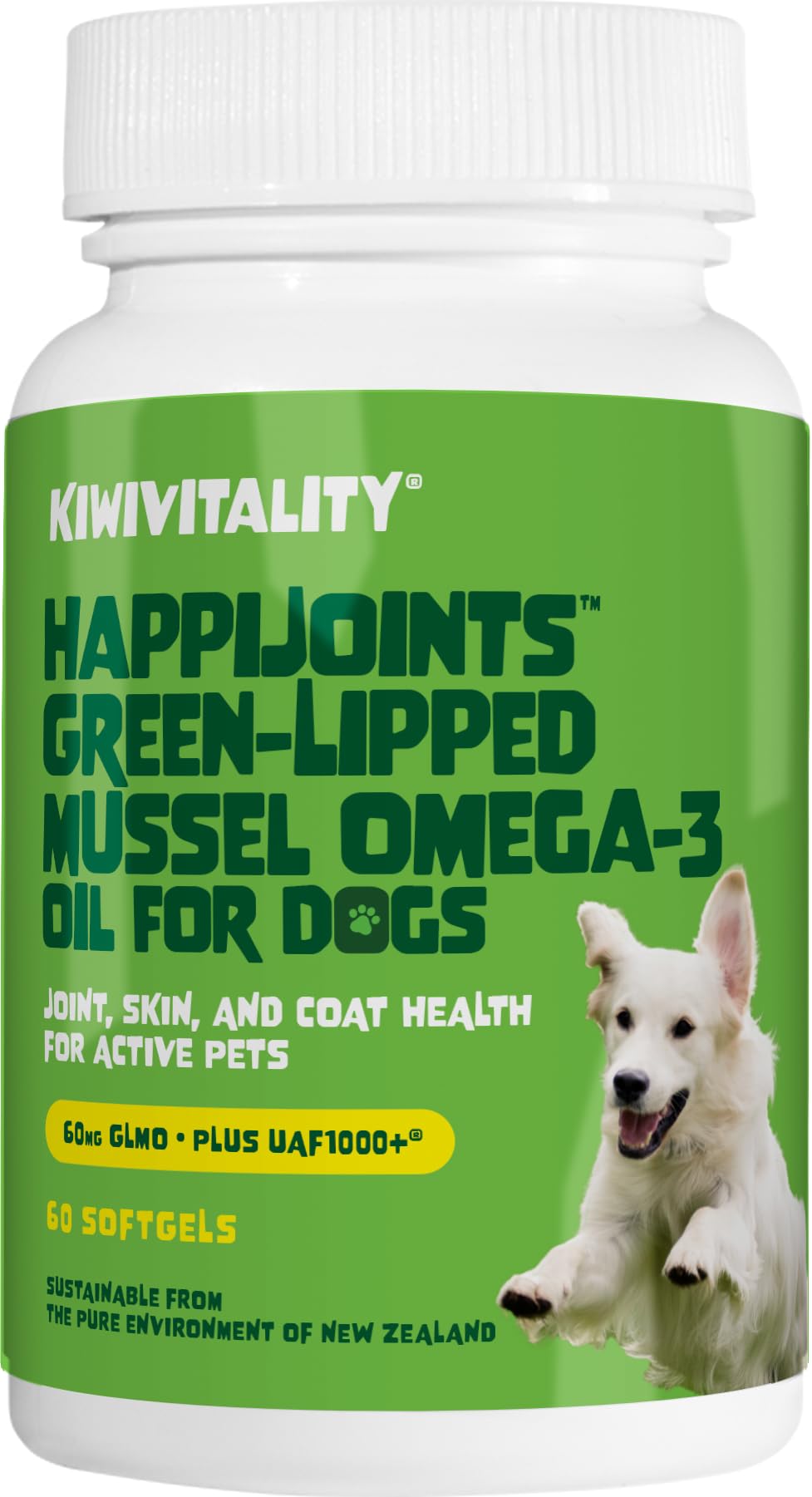 KiwiVitality HappiJoints Green-Lipped Mussel Omega-3 Oil for Dogs (60 Softgels)