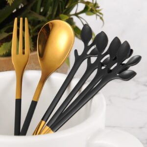 AnSaw 16-Pc Black Mini Leaf Coffee Spoons & Dessert Forks - 4.7" Stainless Steel Cutlery for Tea, Appetizers, Tasting - Party, Charcuterie, Cocktails