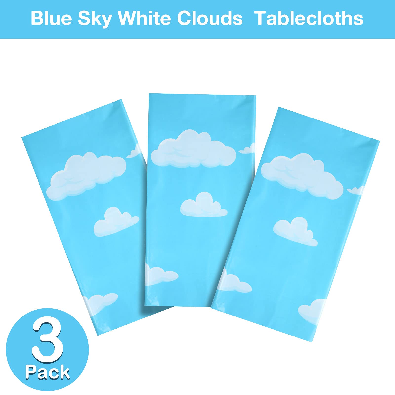 Blue Sky White Clouds Birthday Party Supplies Cartoon Story Tablecloth Party Table Cover Cartoon Table Banner for Baby Kids Shower Birthday Party Decorations, 54 x 108 Inch（3）