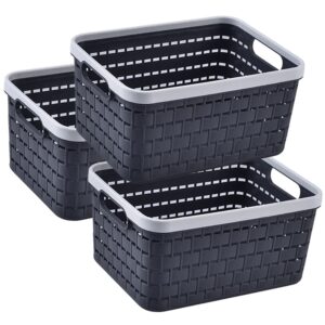 3 pack plastic storage basket 11 x 8.5 x 5 inch, aysum medium plastic baskets stackable plastic woven organizer with handle for toys, pantry, kitchen, bedroom, bathroom - grey