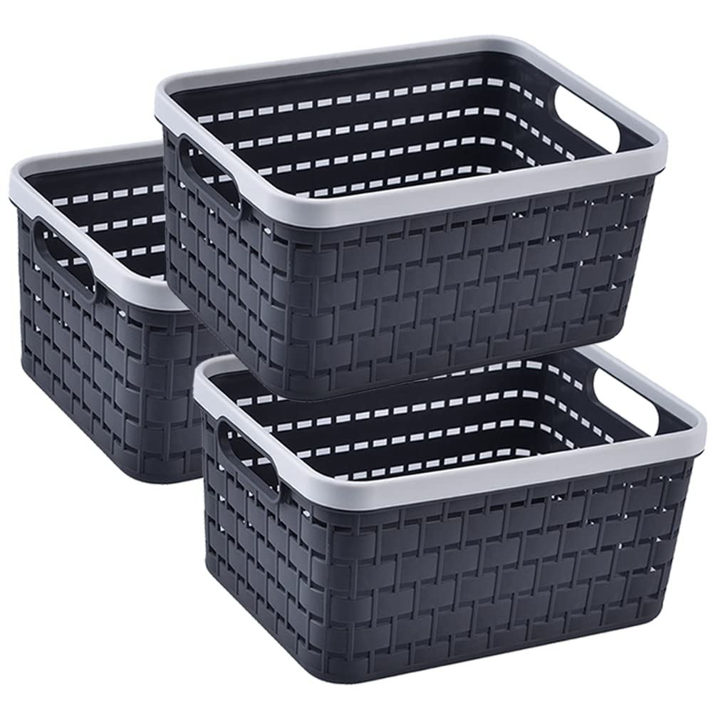 3 Pack Plastic Storage Basket 11 x 8.5 x 5 Inch, AYSUM Medium Plastic Baskets Stackable Plastic Woven Organizer with Handle for Toys, Pantry, Kitchen, Bedroom, Bathroom - Grey