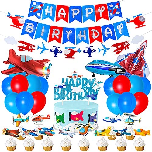 Airplane party decorations, Airplane birthday party supplies,Happy Birthday Banner Airplane Aircraft Garland Foil Latex Balloons Cake Cupcake Toppers for Kids Plane Theme Party Baby Shower Supplies