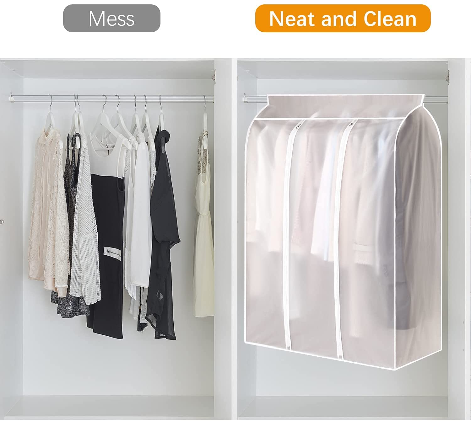 50'' Garment Bags for Hanging Clothes, Large Translucent Frosted Garment Rack Cover Bags Clothing Storage Bag with Zipper for Hanging Shirts, Coats, Dresses, Suits, Seal Closets to Protect Clothing