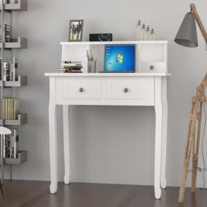 dmaith small writing desk with hutch, 32 inch home office desk with drawers, study table computer desk for student, vanity makeup dressing table save space for bedroom, white