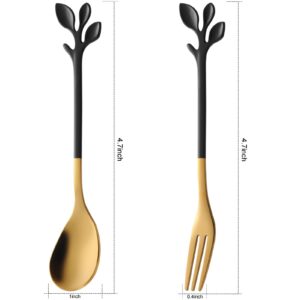 AnSaw 16-Pc Black Mini Leaf Coffee Spoons & Dessert Forks - 4.7" Stainless Steel Cutlery for Tea, Appetizers, Tasting - Party, Charcuterie, Cocktails