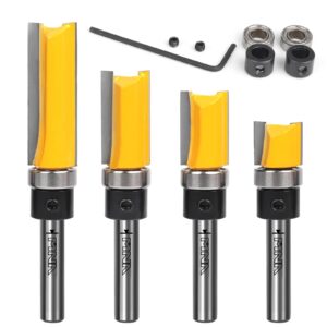 mna top bearing flush trimer bit 4 pcs set, pattern flush trim router bit set, 1/4 inch shank. great for edging, veneer, or laminate